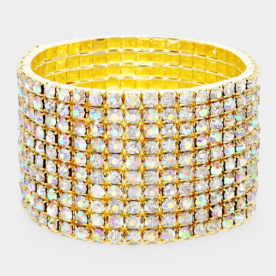 Wide Rhinestone Stretch Bracelet 10 Rows GOLD AB Crystal Evening Event ...