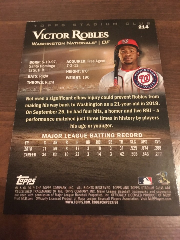VICTOR ROBLES 2019 TOPPS STADIUM CLUB Photographers Proof. Rare Case ...
