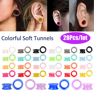 28PCS Silicone Ear Gauge Kit Soft Thin Flesh Tunnel Flexiable Ear Plugs ...