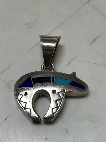 Ray Tracey Knifewing Navajo Inlay Bear Pendant Sterling Silver Rare Vtg ...