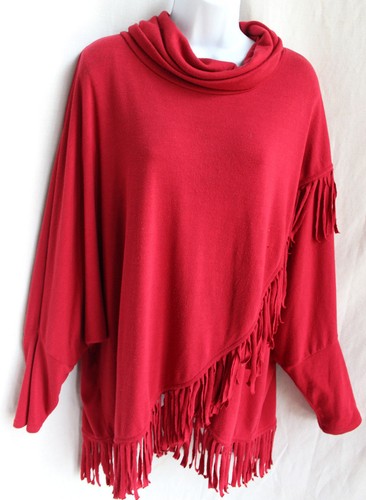 PREMISE Red Fun Funky Fringed Sweater 2X Wraps Long Sleeve Cowl Neck ...