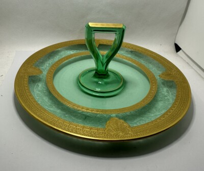 Vintage Tiffin? Green Uranium Glass Sandwich Platter w/ Gold Guild ...