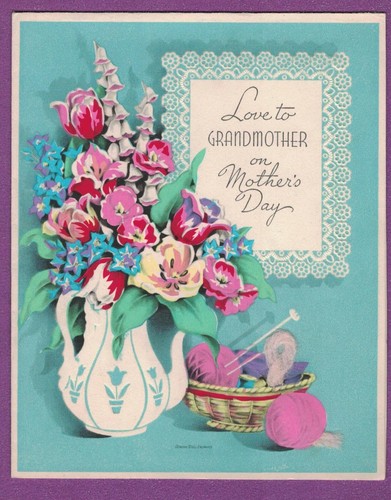 VTG MOTHER'S DAY CARD PITCHER OF FLOWERS BASKET OF YARN & NEEDLES STEEL ...