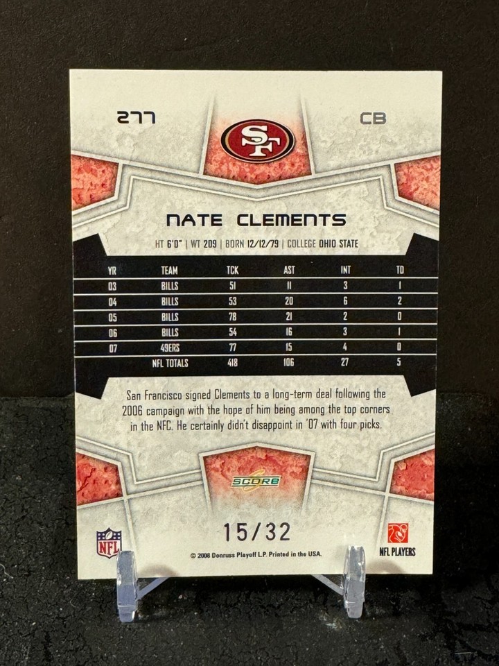 2008 Score Select Football Nate Clements Artist Proof Foil Card #277 ...