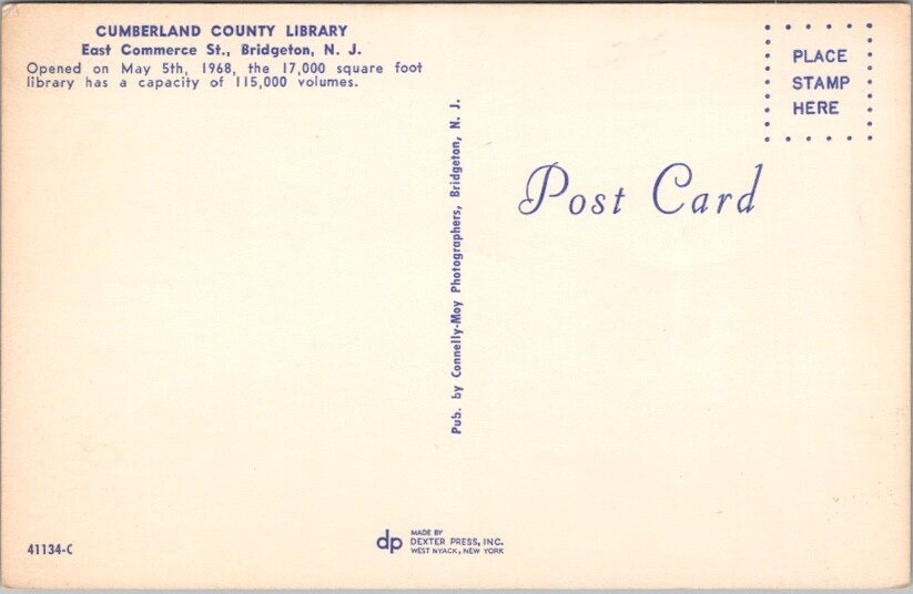 Bridgeton, New Jersey Postcard "CUMBERLAND COUNTY LIBRARY" Interior ...
