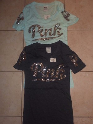 VICTORIAS SECRET PINK "PINK" "P" BLING SEQUIN CURSIVE VNECK NWT | eBay