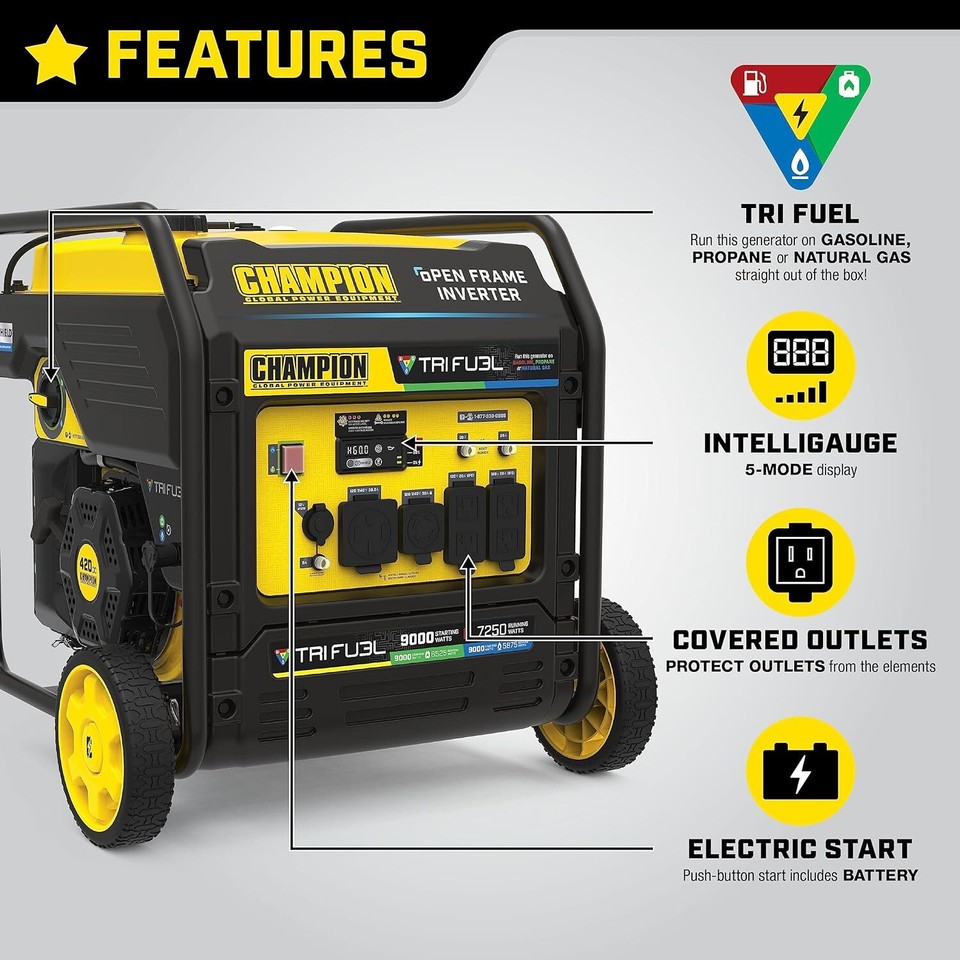 Champion 9,000-W Tri-Fuel Gas Inverter Generator with Electric Start ...