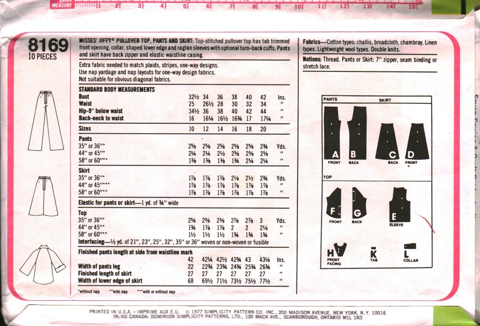 8169 Vintage Simplicity Sewing Pattern Misses Jiffy Pullover Top Skirt ...