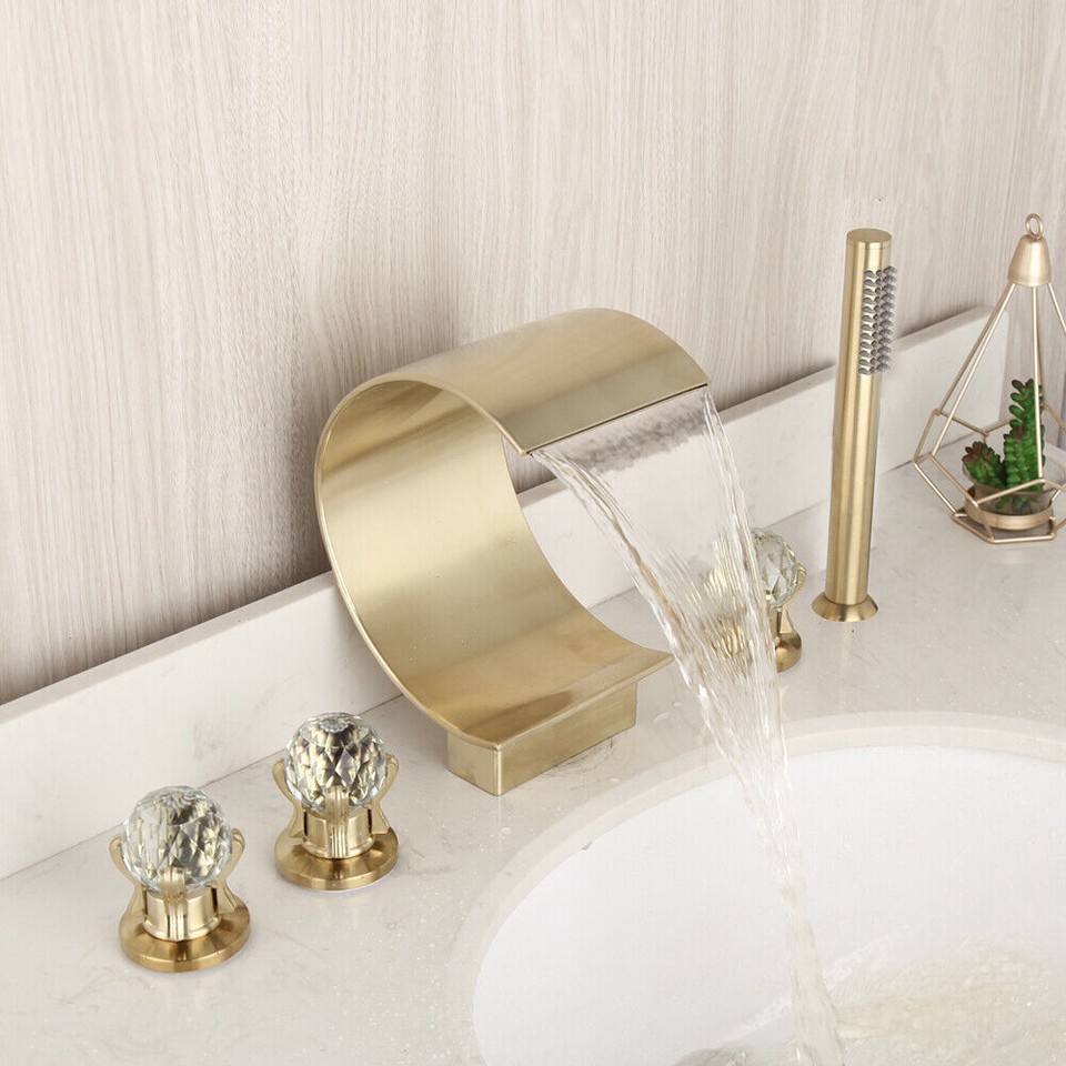 Brushed Gold Waterfall Bathtub Faucet+Handheld Shower 3 Handles Mixer ...