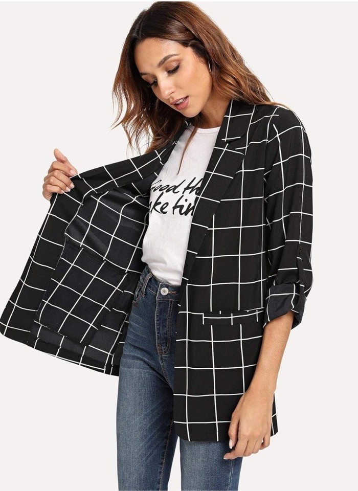 Women's Open Front Blazer Casual Lightweight Plaid Roll Up Sleeve, Size ...