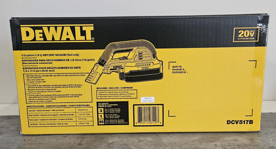 DeWalt DCV517 1/2 Gallon Cordless Portable Wet/Dry 20v Max Vacuum (Tool ...
