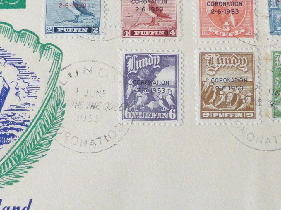 LUNDY ISLAND 1953 QEII CORONATION SET OF 7 ON ILLUSTRATED FIRST DAY ...