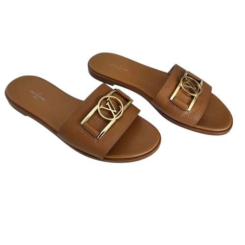 Louis Vuitton Lock It Flat Slide Sandal Size 38 US 8 Brown Leather Gold LV logo | eBay