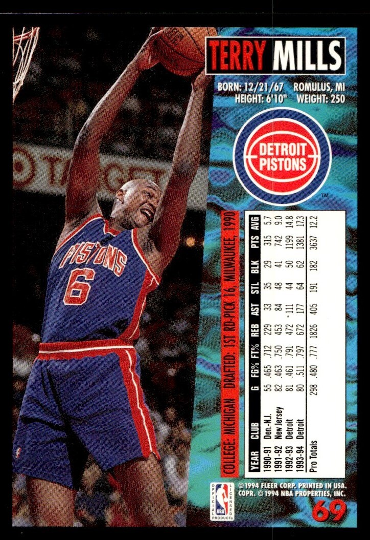 1994-95 Fleer Terry Mills Detroit Pistons #69 | eBay