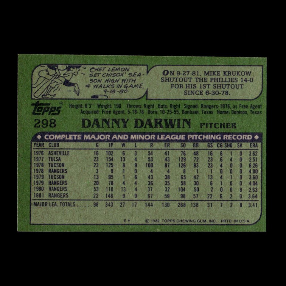 Danny Darwin 1982 Topps Texas Rangers #298 R313C 52 | eBay