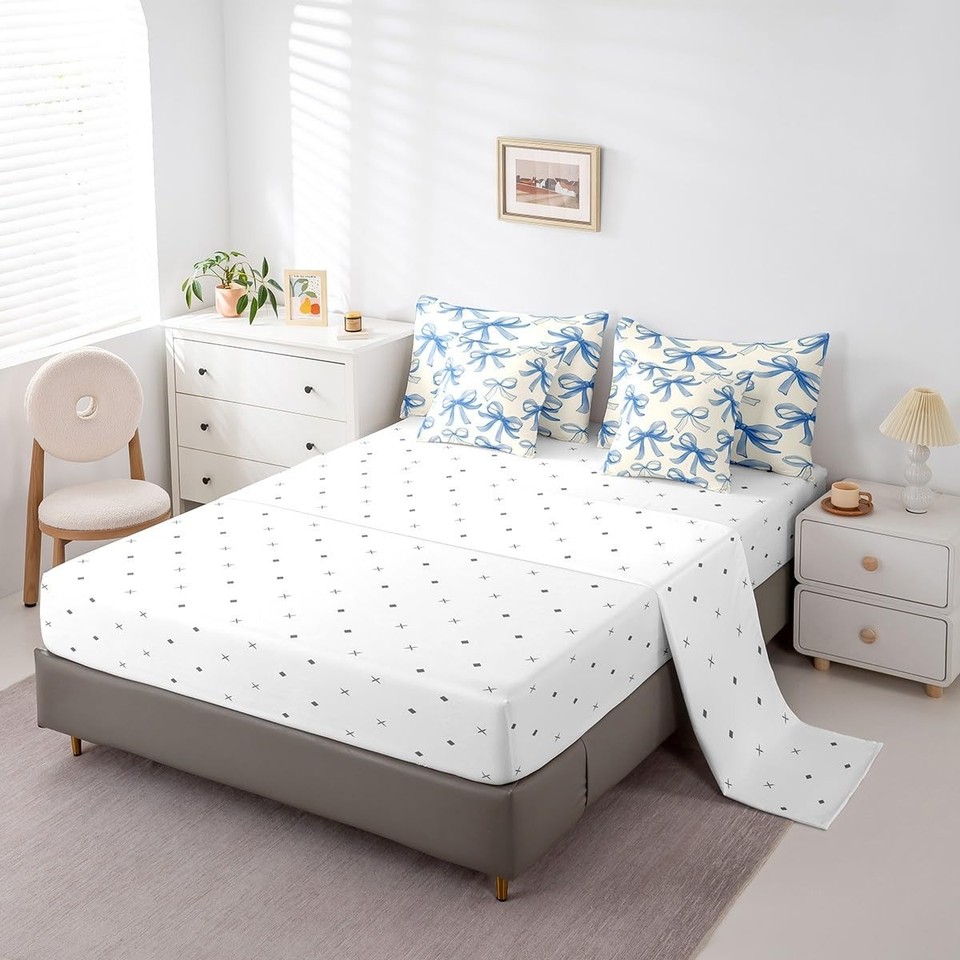 Blue Bow Comforter Set with Sheets Cute Bowknot Bed in a Bag for Boys ...