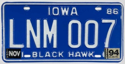 Vintage Blue Iowa 1986 1994 License Plate LNM 007 Black Hawk County ...