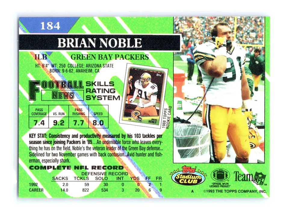 1993 Stadium Club Football #184 Brian Noble Green Bay Packers | eBay