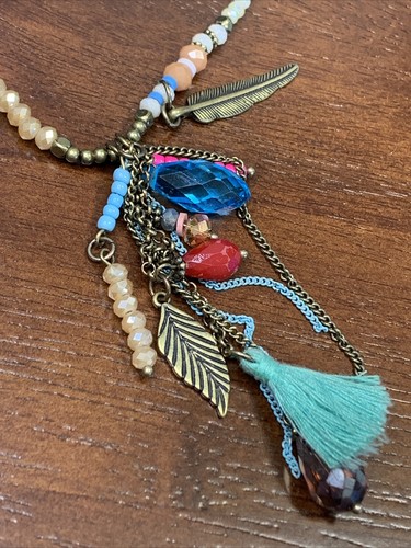 Vintage Bohemian Lead Crystal Feather long tassel Beaded necklace ...