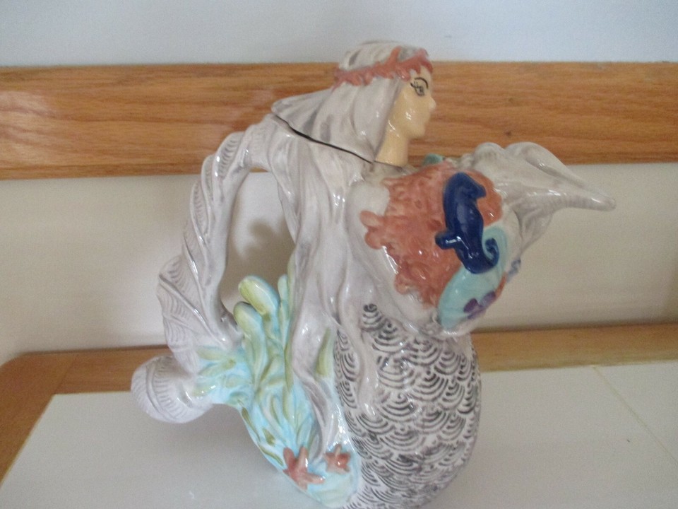 NEW Large BLUE SKY Goldminc Mermaid Teapot, Shells, Coastal, Nautical ...