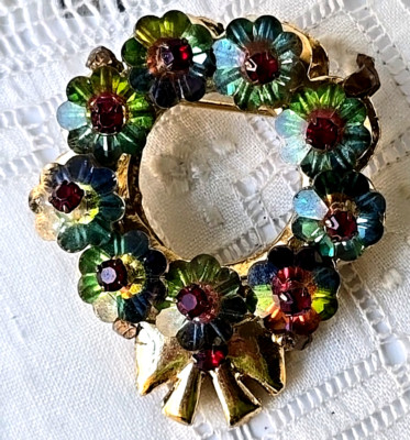 Vintage 50s Rivoli Margarita Glass Rhinestones Christmas Wreath Pin ...
