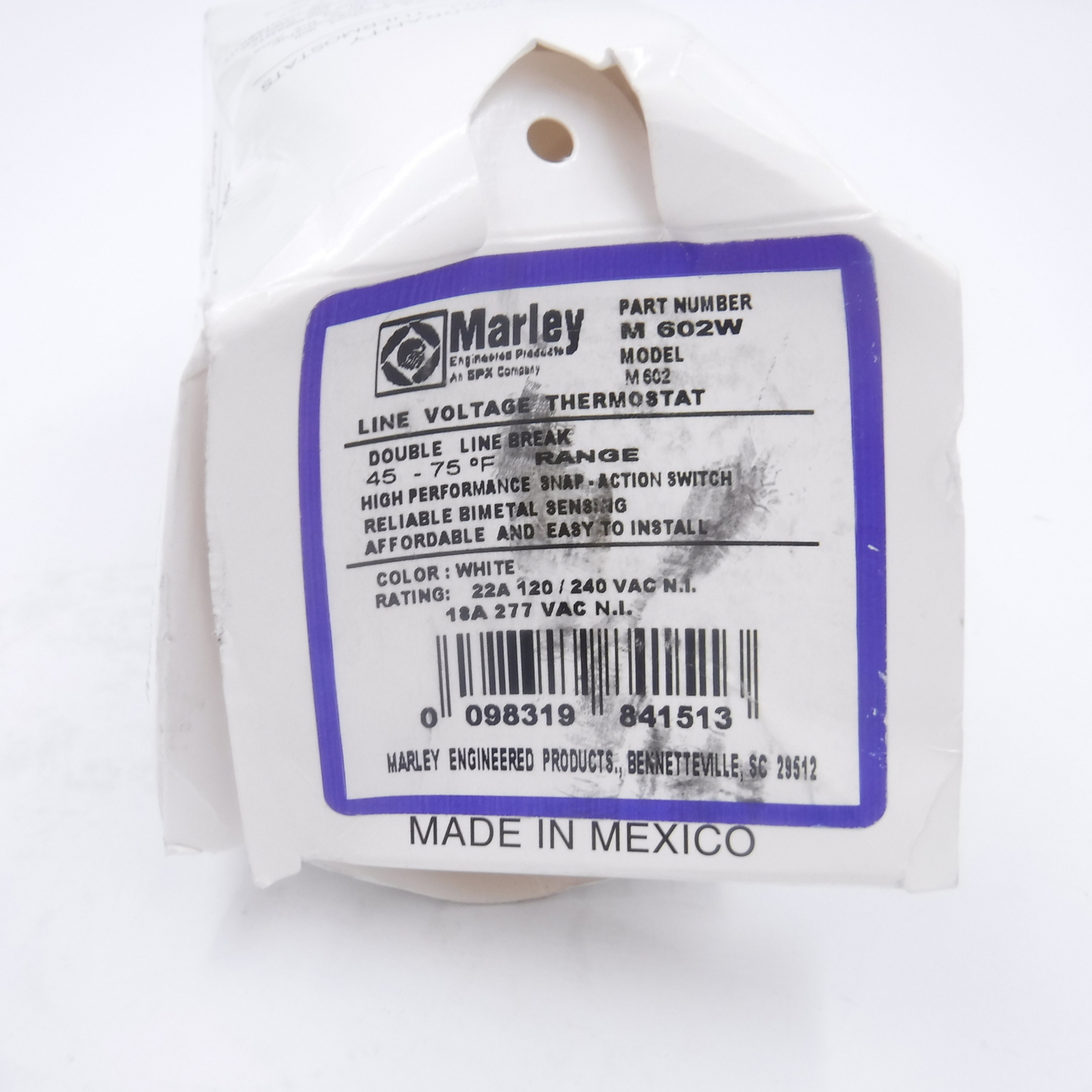 Marley M602W Line Voltage Wall Snap Action Thermostat White 120/240 ...