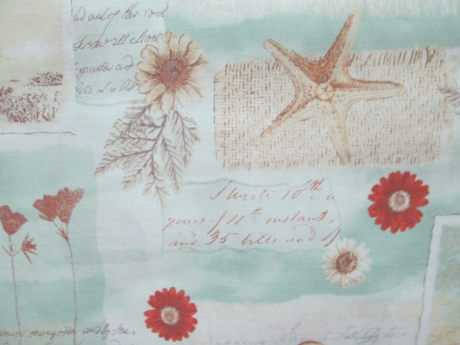 SAND PIPER POST CARDS SHELLS WRITING FLOWERS TEAL TAN BEIGE COTTON ...
