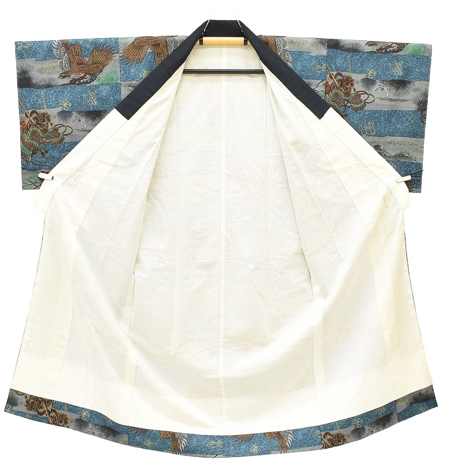 JAPANESE VINTAGE KIMONO ROBE JUBAN WOOL GRAY BLUE MENS SAMURAI 5mt2416P ...