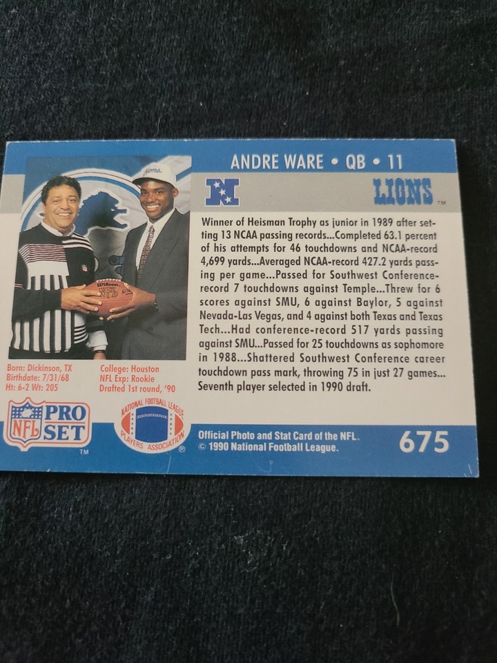 Andre Ware 1990 NFL Pro Set Football #675 Trading Card ' On Card ...