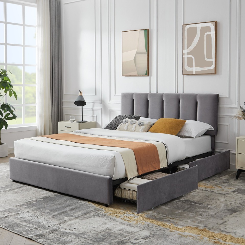 VECELO Upholstered Queen Full Bed Frame w/ 4 Storage Drawer Wooden Slat ...