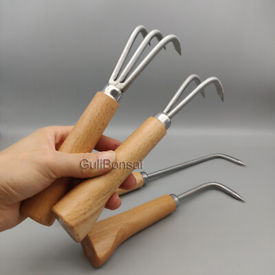 1 Pcs Stainless Steel Bonsai Root Hook Rake Wooden Handle 1/2/3-Prong ...