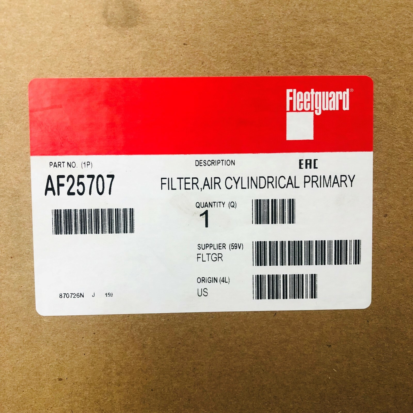 FLEETGUARD AF25707 AIR FILTER ID 8.13" [207MM] OD 10.20" [259MM] H 15. ...