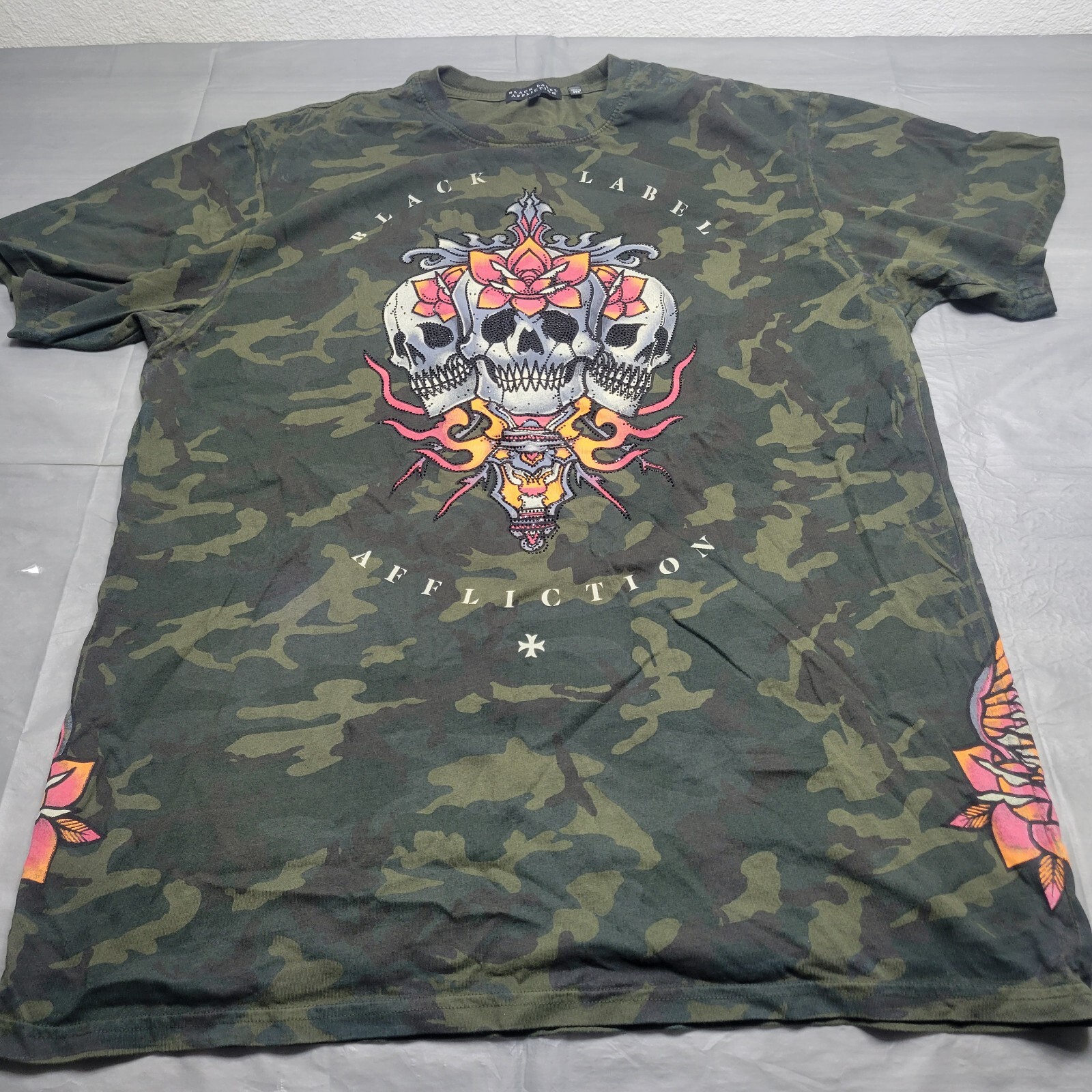 Affliction Black Label Camo T-Shirt Skull Rhinestone Size Mens XXL 2XL ...