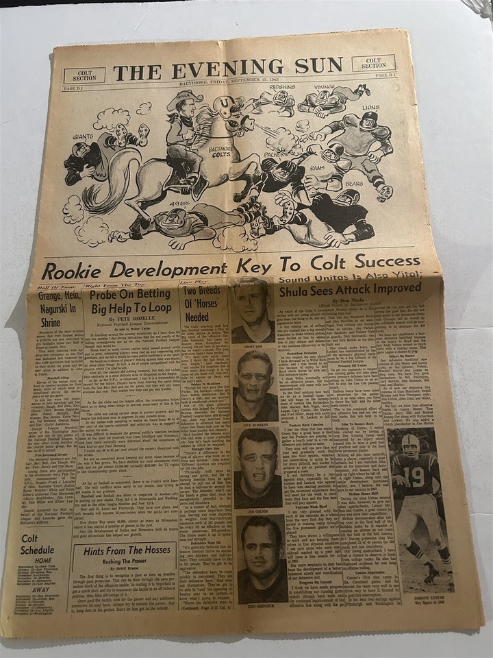 1963 The Sun Newspaper BALTIMORE Colts JOHNNY UNITAS John MACKEY Don ...