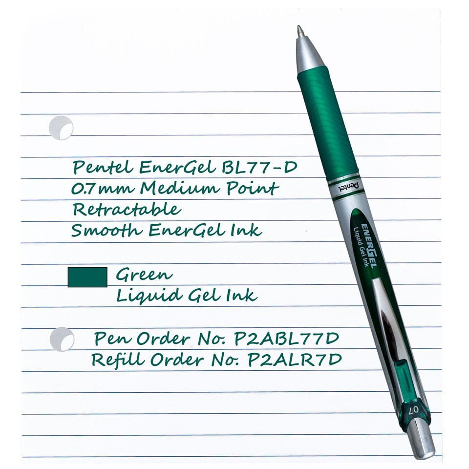 Pentel EnerGel RTX Green Liquid Gel Ink, 0.7mm, 3 Pens with 6 Packs of ...