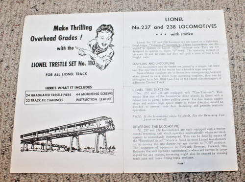 Lionel Postwar #237 & #238 Scout Steam Locomotive Instruction Sheet ...