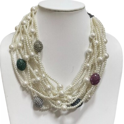 Joan Boyce Faux Pearl Necklace Rhinestone Beads Multi Strand Beaded ...
