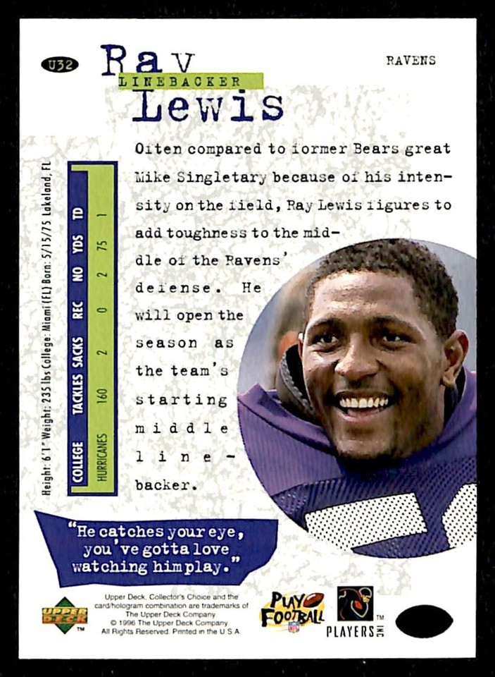 1996 Collectors Choice Ray Lewis Rookie Baltimore Ravens #U32 | eBay
