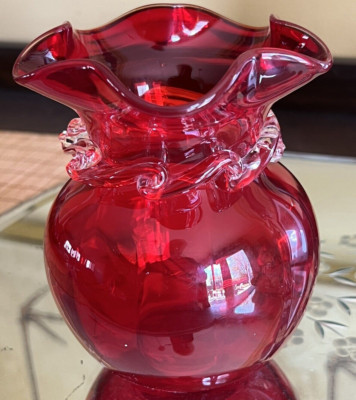 Viking Ruby Red Glass Vase with Applied Clear Band Ruffled Rim Amberina ...