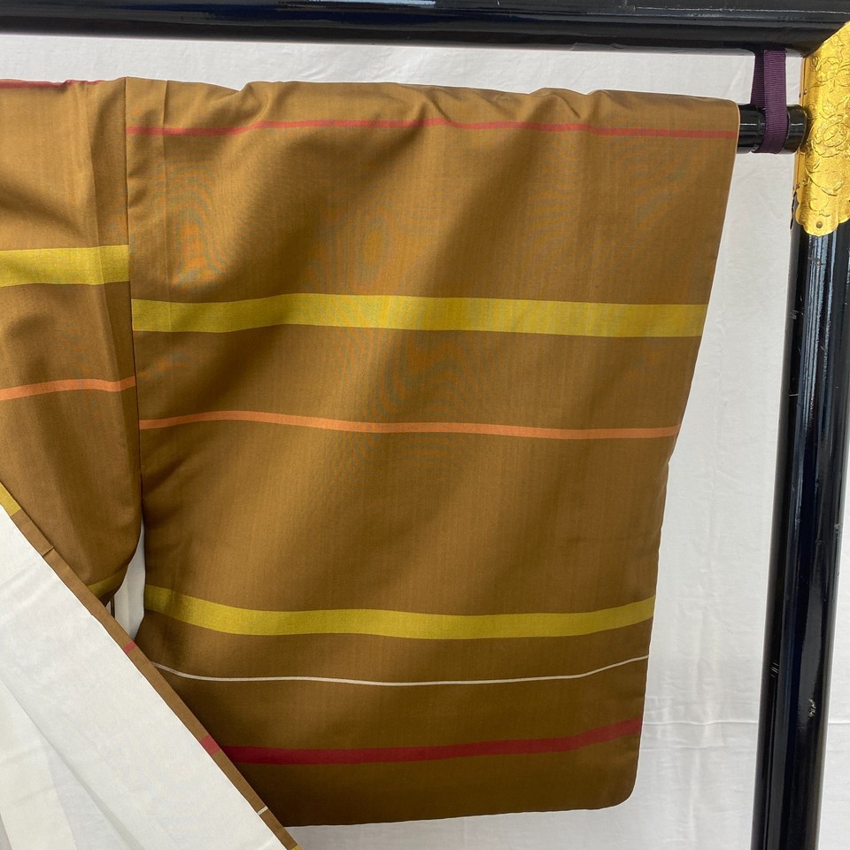 Japanese Vintage Kimono Polyester Brown Striped Traditional Authentic ...