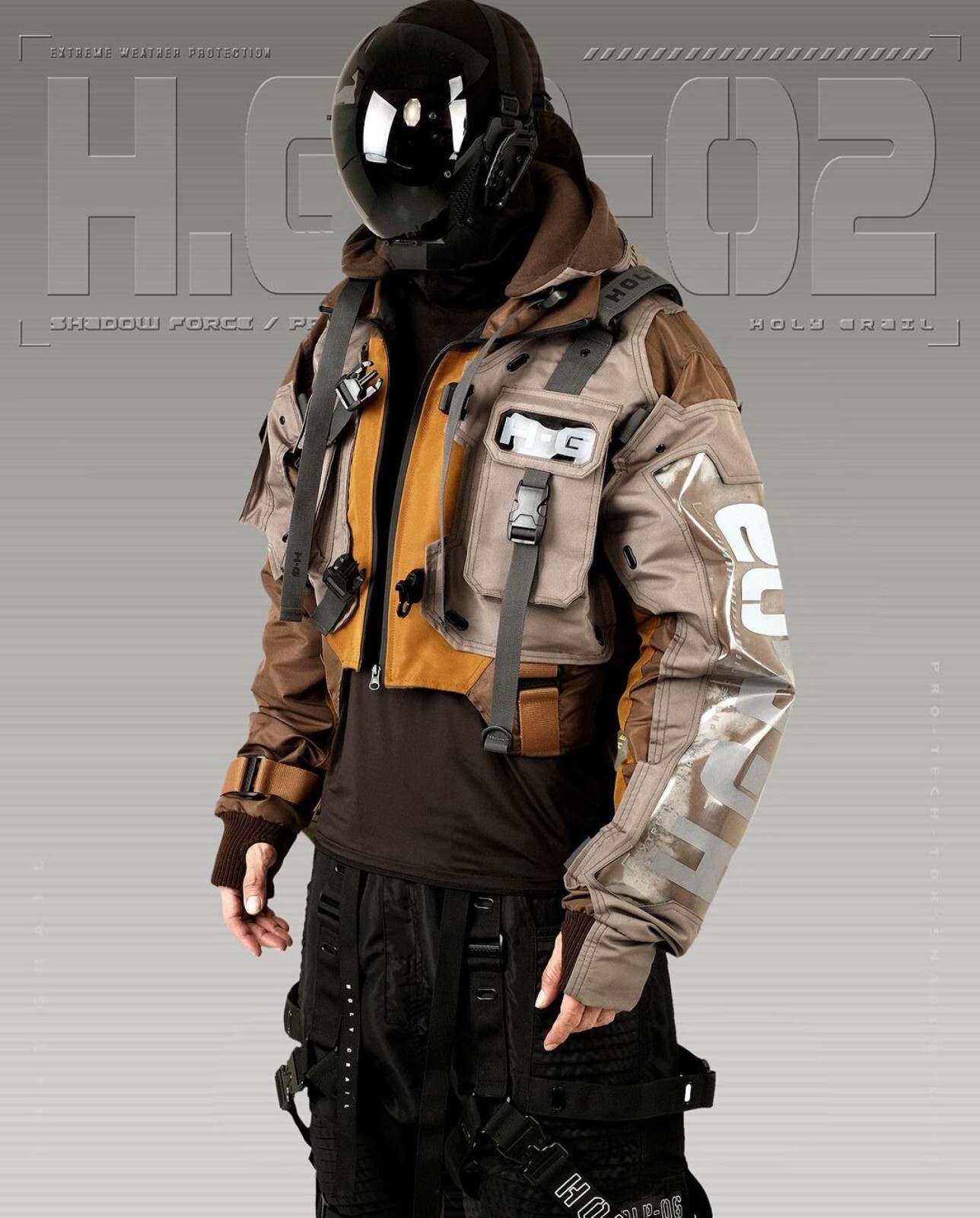 Men's Techwear Brown Jacket Hoodie Full Zip Buckle Holygrail H.G.C-02 ...