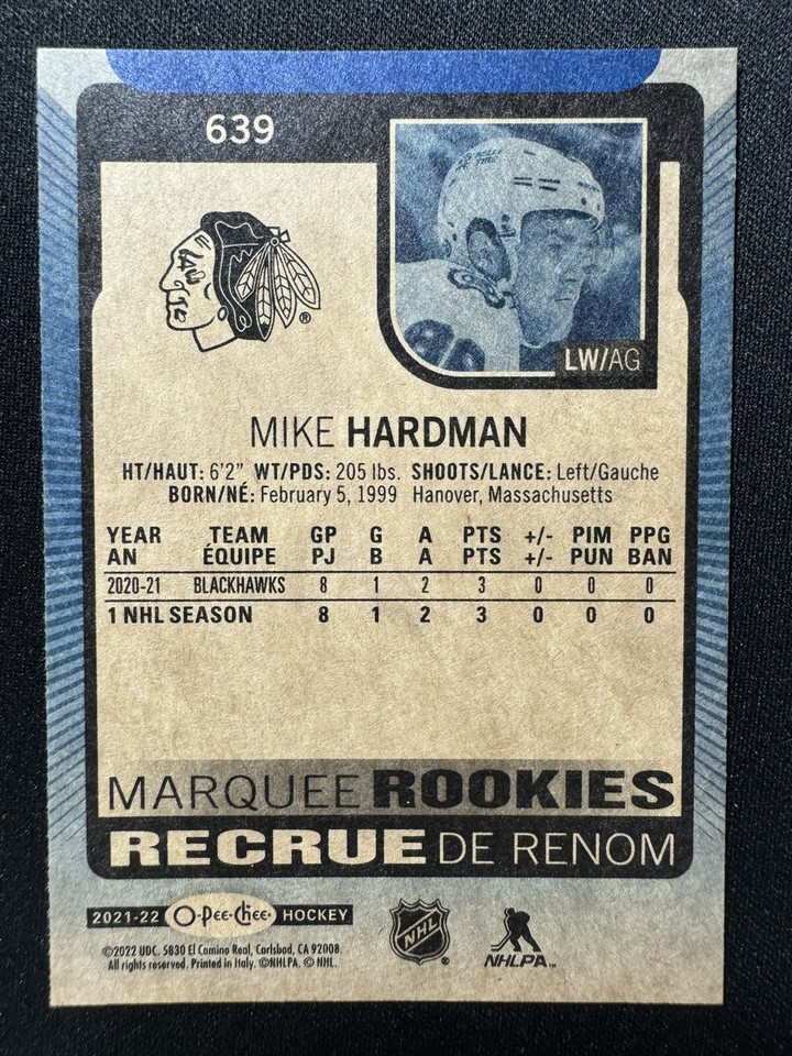 2021-22 O-Pee-Chee Marquee Rookies MIKE HARDMAN Retro Blue #639 + BONUS ...