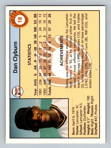 Danny Clyburn 1992 Front Row Draft Picks #18 Lancaster Bruins Baseball ...