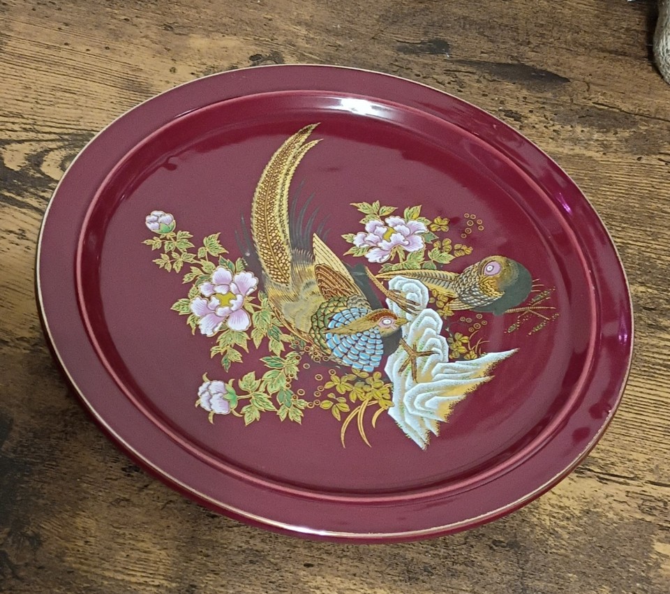 Japanese Pheasant Burgundy Decorative Plate Kutani Cobalt Style Unique ...