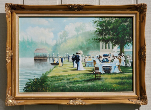 VINTAGE J. PERRINE IMMPRESSIONIST FRENCH VICTORIAN LANDSCAPE PICNIC OIL ...