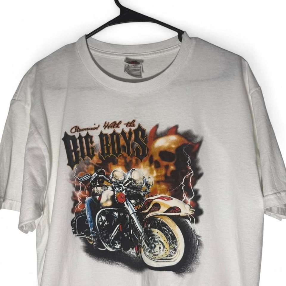 VTG Biker Graphic Tee Large Skull Motorcycle Runnin With The Big Boys ...