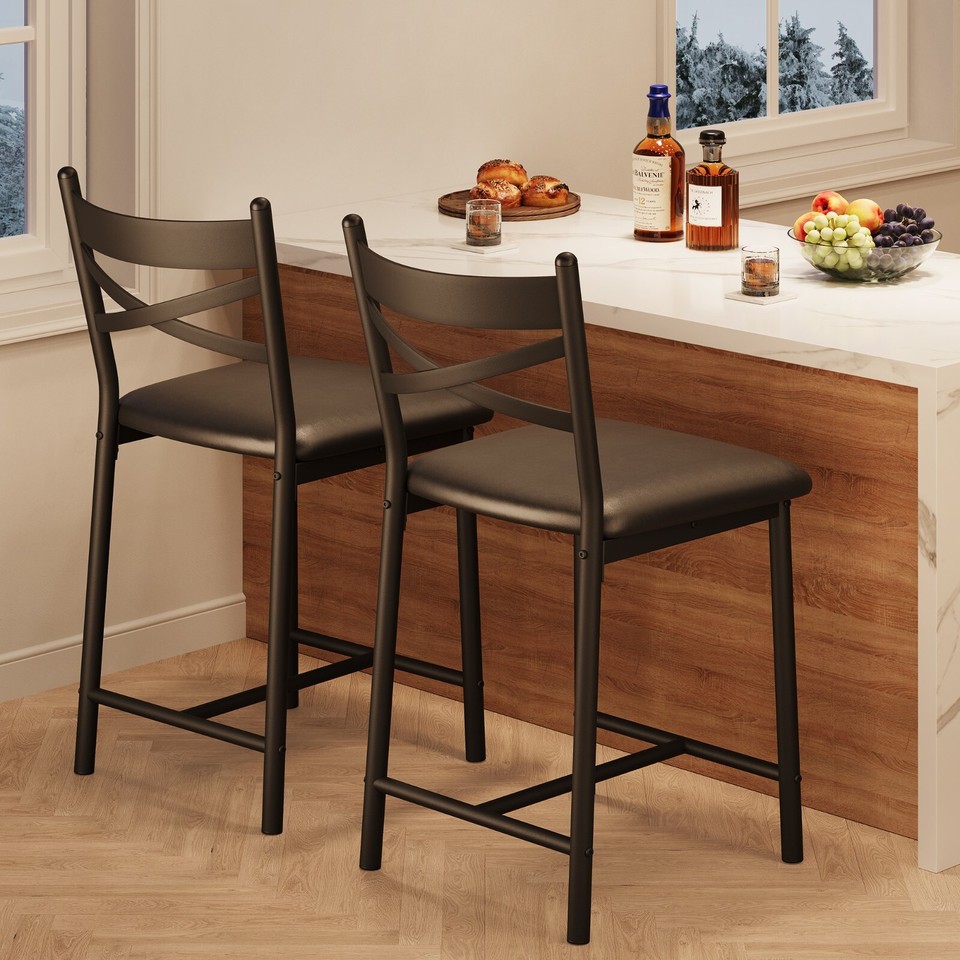 Set of 2 Bar Stools Counter Height Upholstered Chairs Kitchen Island ...