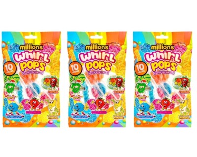 Millions Mini Whirl Pops Assorted Flavours 3 Bag Bundle 30 Lollipops ...