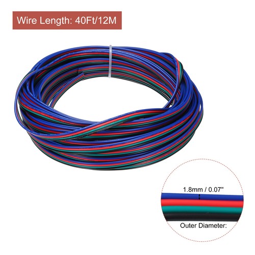 20 AWG Flat Ribbon Wire LED Extension Cable 4 Pin, 40Ft/12M Long 1.8mm ...