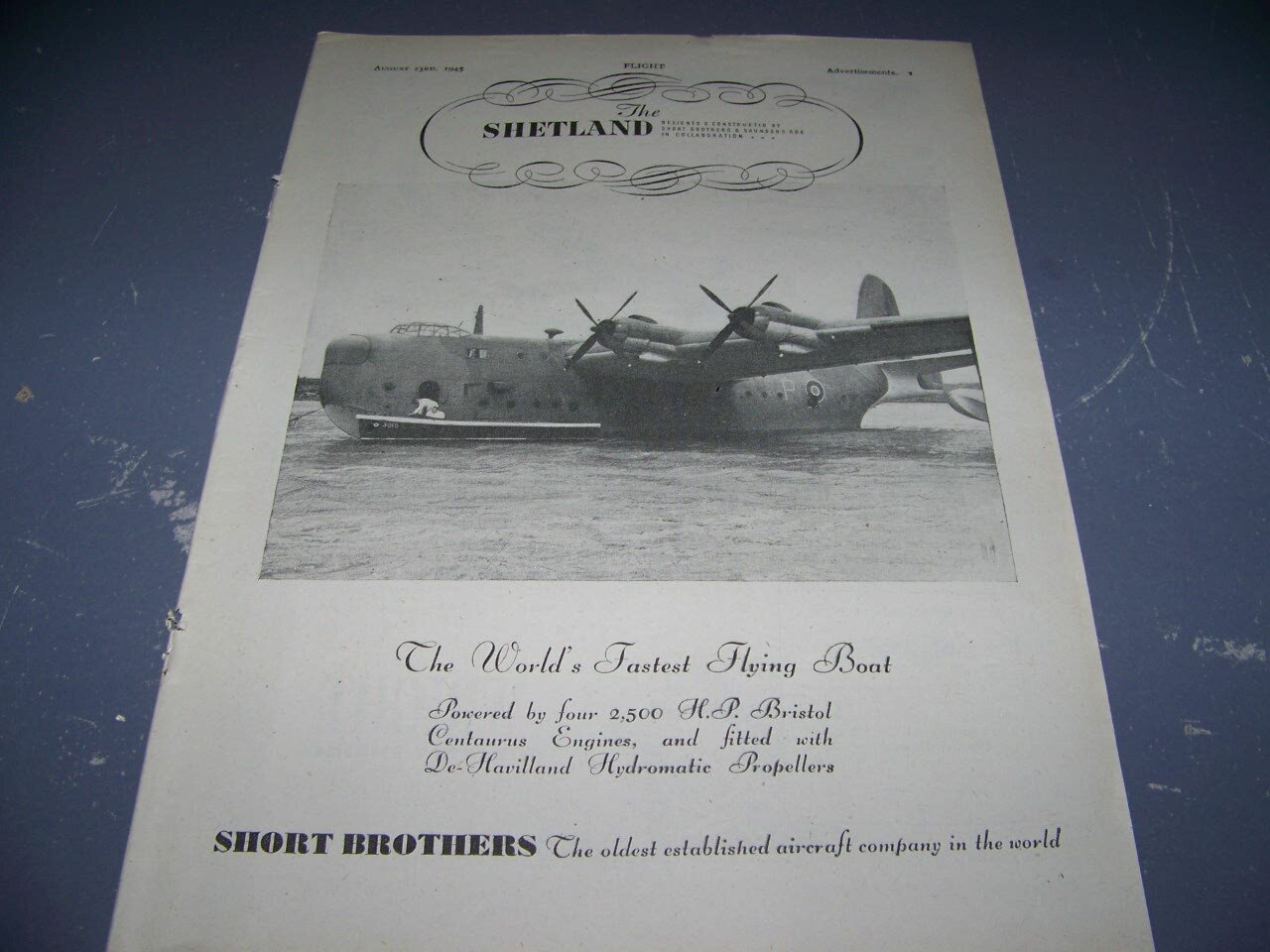1945 SHORT SHETLAND "WORLDS FASTEST FLYING BOAT"..1-PAGE SALES AD (652X ...